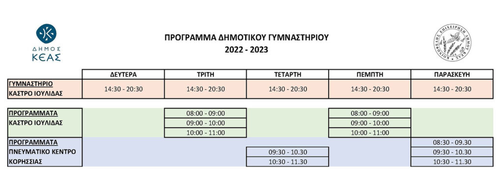 Δημοτικό Γυμναστήριο Κέας | Πρόγραμμα περιόδου 2022 - 2023 | kea.gr